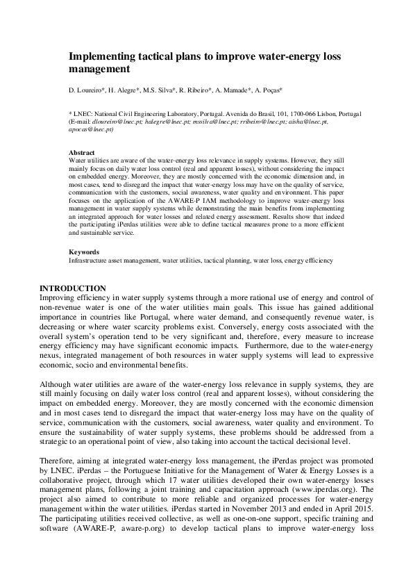 (PDF) Implementing tactical plans to improve water-energy loss management