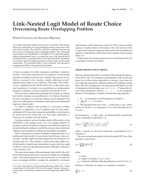 Pdf Link Nested Logit Model Of Route Choice Overcoming Route Overlapping Problem