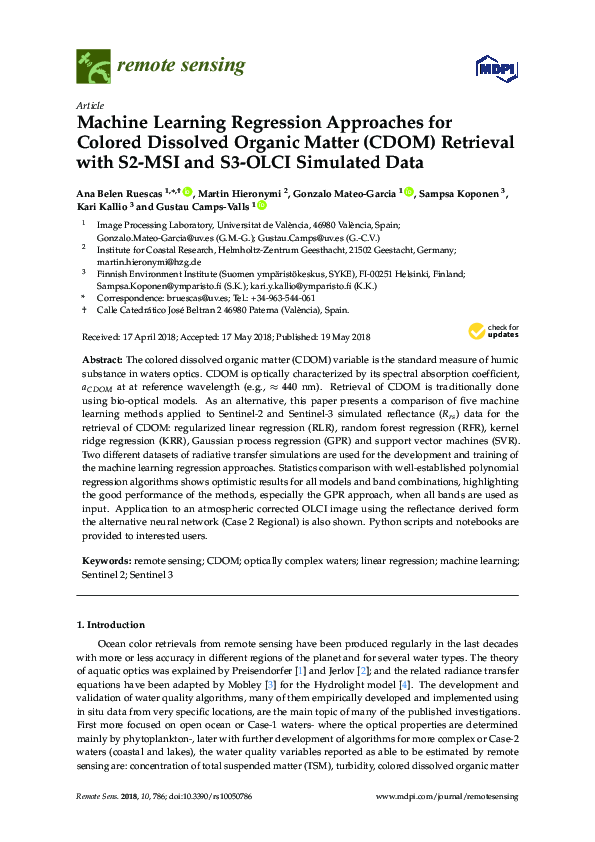 (PDF) Machine Learning Regression Approaches for Colored Dissolved Organic Matter (CDOM ...