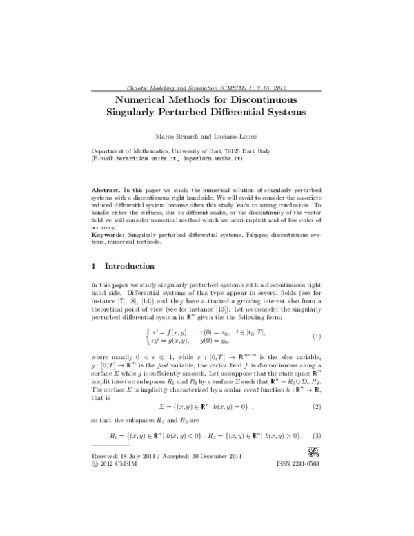 (PDF) Numerical Methods for Discontinuous Singularly Perturbed Dierential Systems