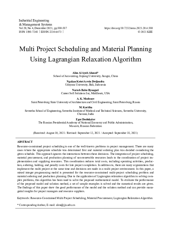 (PDF) Multi Project Scheduling and Material Planning Using Lagrangian Relaxation Algorithm