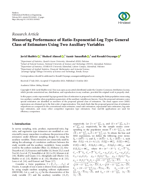Pdf Measuring Performance Of Ratio Exponential Log Type General Class Of Estimators Using Two