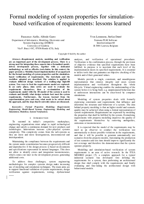 Pdf Formal Modeling Of System Properties For Simulation Based Verification Of Requirements
