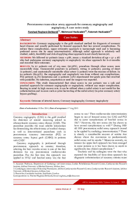 (PDF) Percutaneous trans-ulnar artery approach for coronary angiography ...