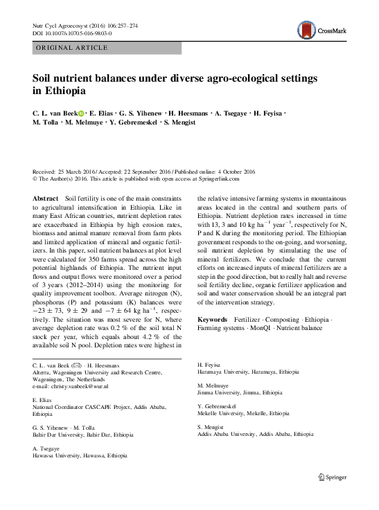 (PDF) Soil nutrient balances under diverse agro-ecological settings in Ethiopia