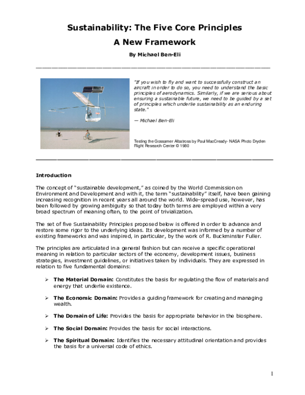 (PDF) Sustainability : The Five Core Principles A New Framework