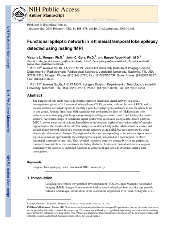 (PDF) Functional epileptic network in left mesial temporal lobe epilepsy detected using resting fMRI