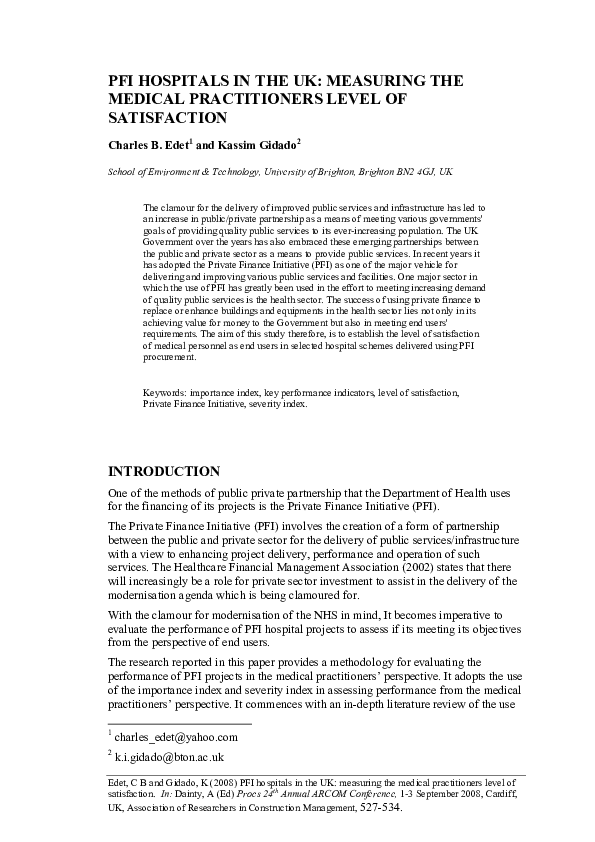 (PDF) Pfi Hospitals in the Uk: Measuring the Medical Practitioners Level of