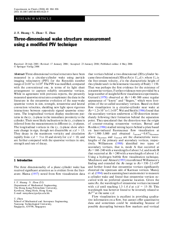 Pdf Three Dimensional Wake Structure Measurement Using A Modified Piv Technique