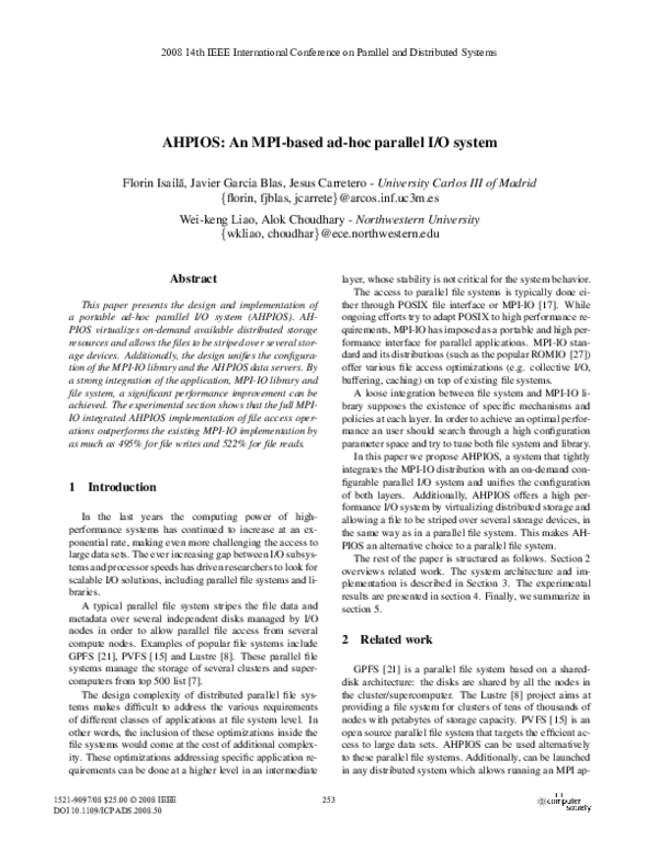 Pdf Ahpios An Mpi Based Ad Hoc Parallel I O System Javier Alejandro Flores Blas