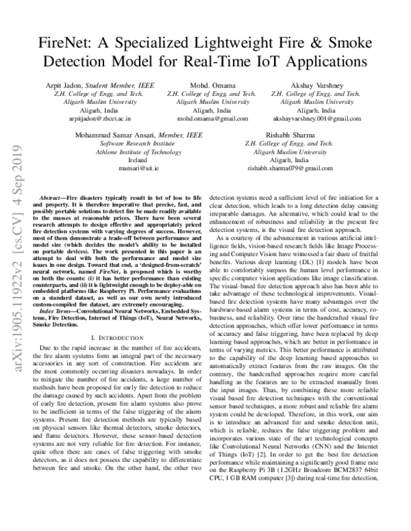 Pdf Firenet A Specialized Lightweight Fire And Smoke Detection Model For Real Time Iot Applications