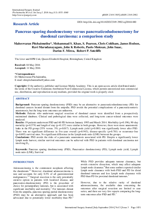 (PDF) Pancreas sparing duodenectomy versus pancreaticodudoenectomy for ...