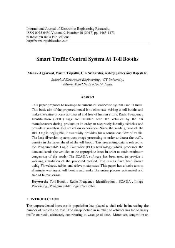 Smart Traffic Control System At Toll Booths