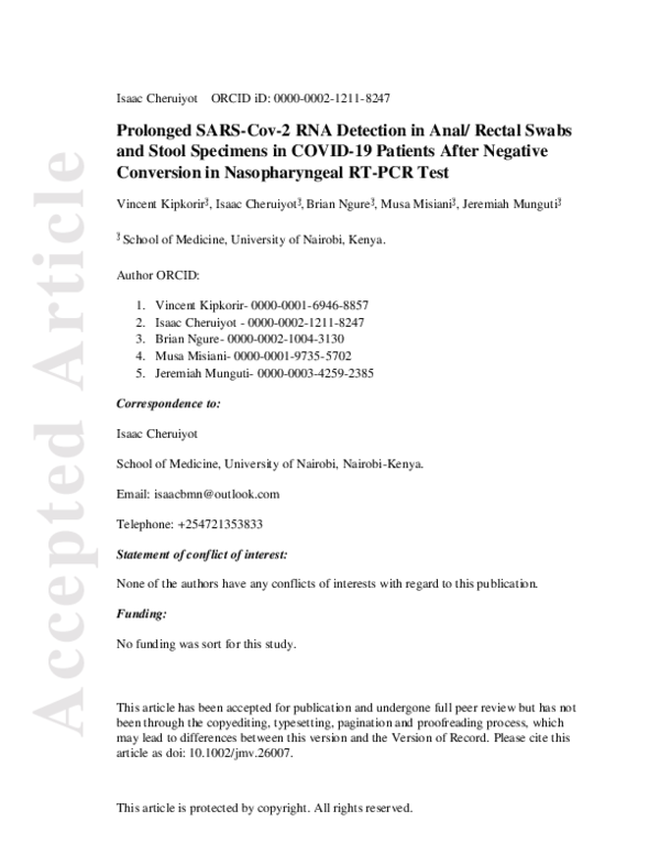(PDF) Prolonged SARS‐CoV‐2 RNA detection in anal/rectal swabs and stool ...