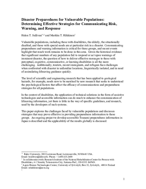 (PDF) Disaster Preparedness for Vulnerable Populations: Determining ...