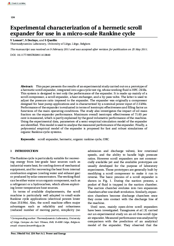 (PDF) Experimental characterization of a hermetic scroll expander for use in a micro-scale ...
