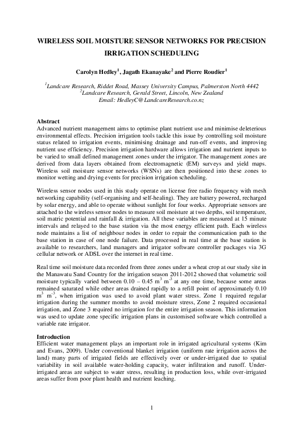 (PDF) Wireless Soil Moisture Sensor Networks for Precision Irrigation Scheduling