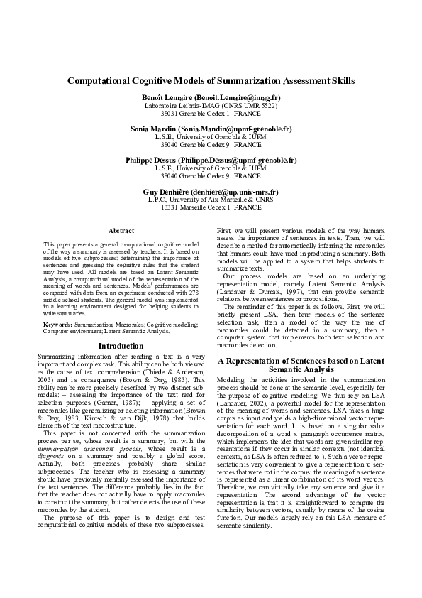 Pdf Computational Cognitive Models Of Summarization Assessment Skills Guy Denhiere