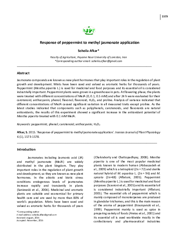 (PDF) Response of peppermint to methyl jasmonate application