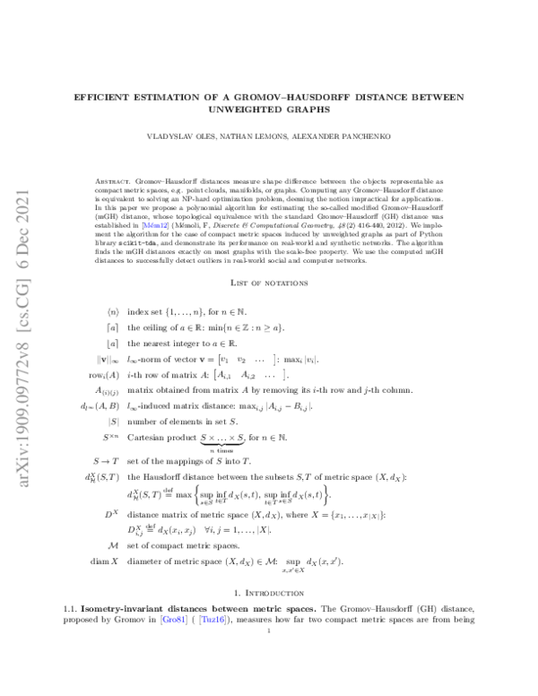 Pdf Efficient Estimation Of A Gromov Hausdorff Distance Between Unweighted Graphs Alexander