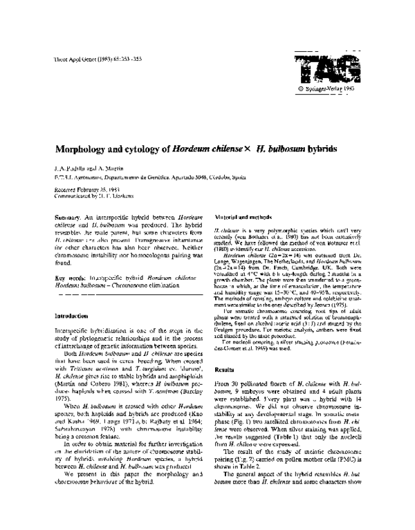 (PDF) Morphology and cytology of Hordeum chilense X H. bulbosum hybrids