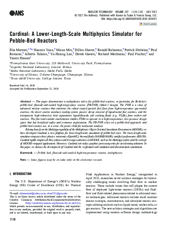(PDF) Cardinal: A Lower-Length-Scale Multiphysics Simulator for Pebble ...