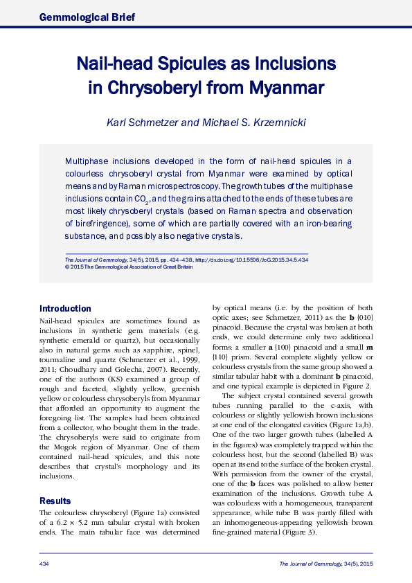 (PDF) Nail-head Spicules as Inclusions in Chrysoberyl from Myanmar