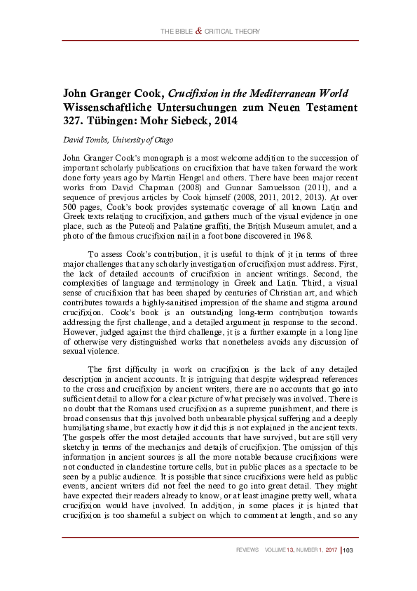 (PDF) Review of Granger Cook, Crucifixion in the Mediterranean World