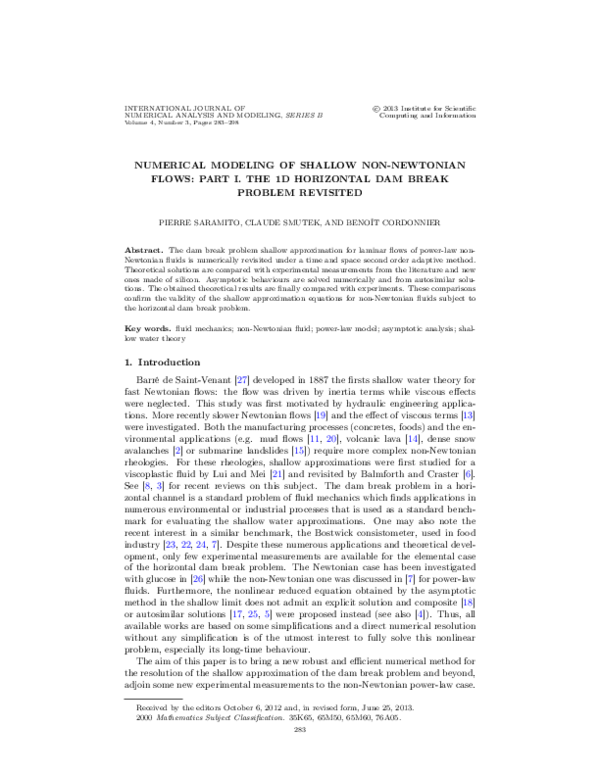 (PDF) Numerical Modeling of Shallow Non-Newtonian Flows: Part I. The 1D Horizontal Dam Break ...