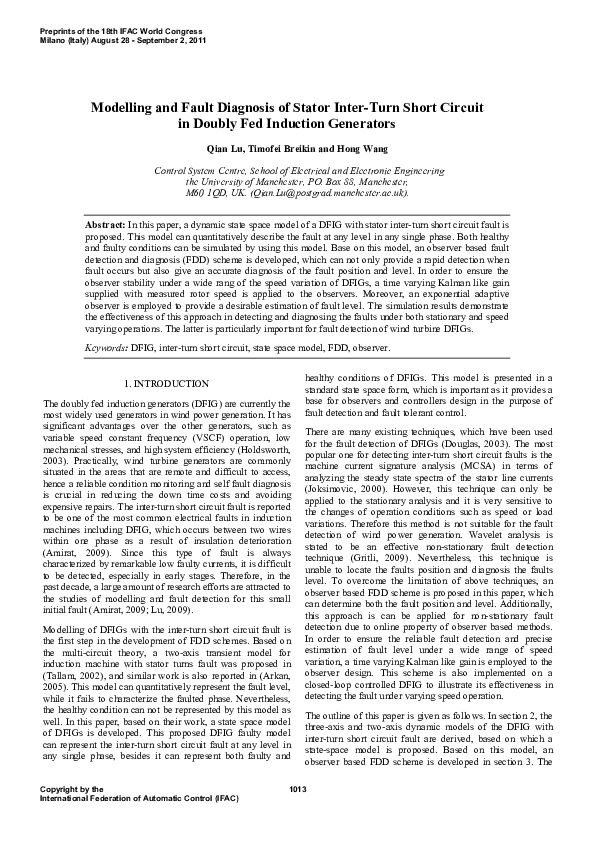Pdf Modelling And Fault Diagnosis Of Stator Inter Turn Short Circuit