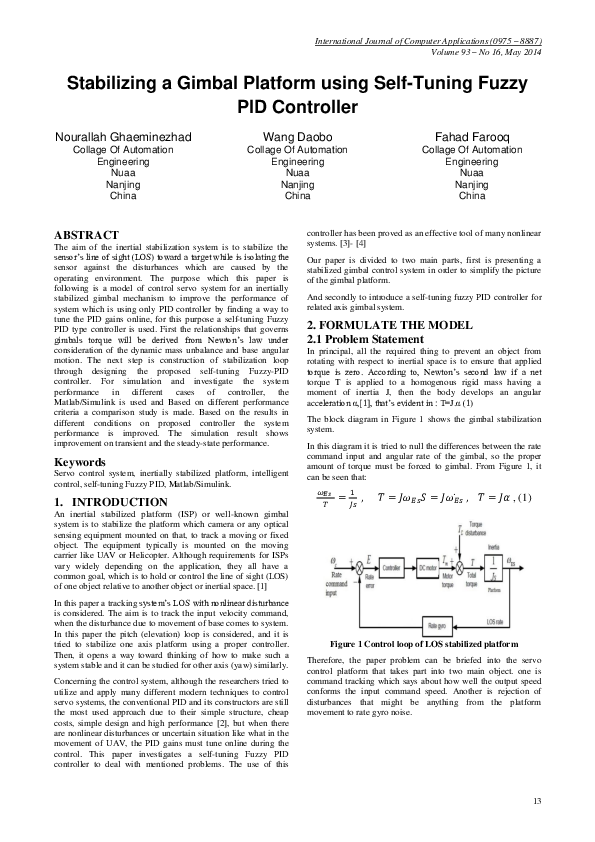(PDF) Stabilizing a Gimbal Platform using Self-Tuning Fuzzy PID Controller