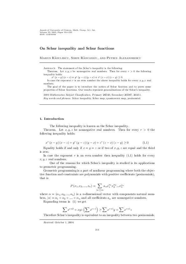 (PDF) On Schur inequality and Schur functions