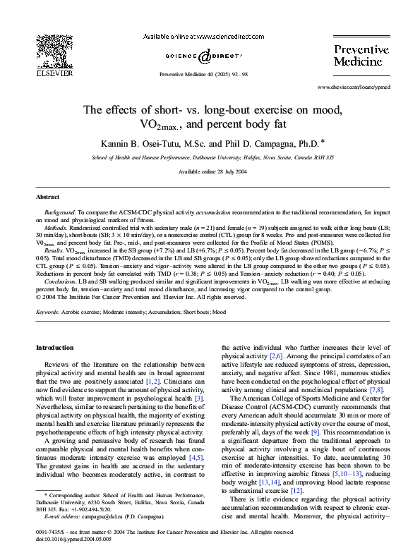 (PDF) The effects of short-vs. long-bout exercise on mood, VO 2max ...