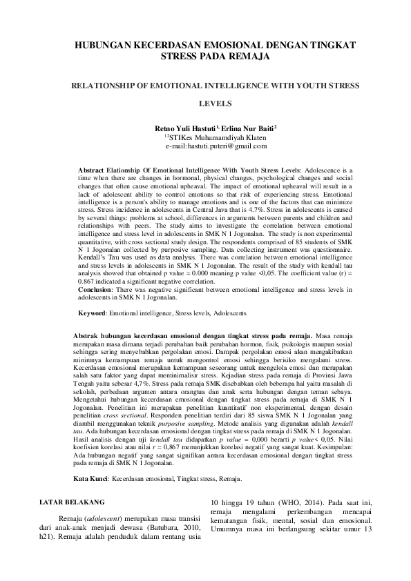 (PDF) Hubungan Kecerdasan Emosional Dengan Tingkat Stress Pada Remaja