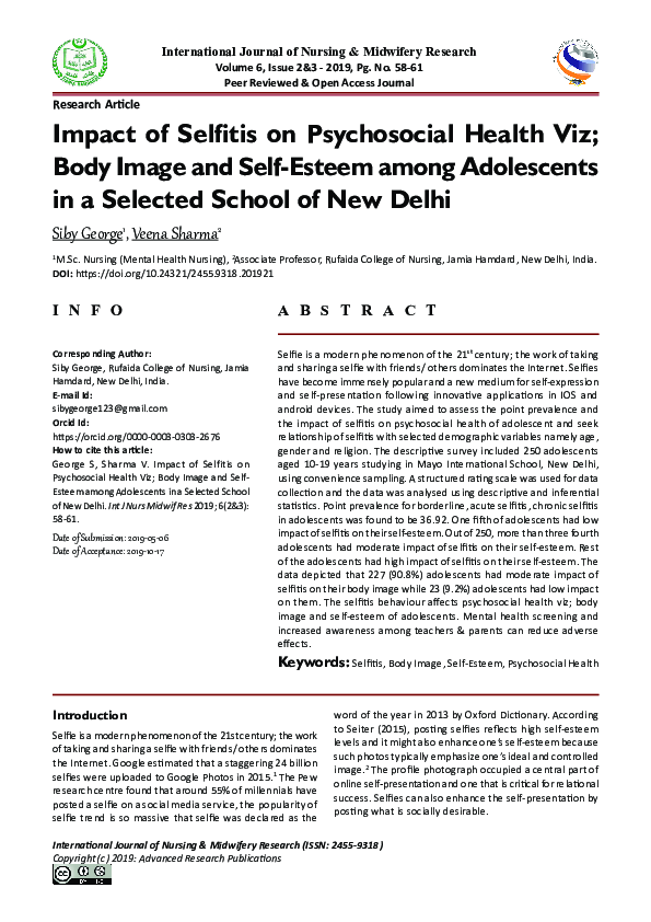 (PDF) Impact of Selfitis on Psychosocial Health Viz; Body Image and ...