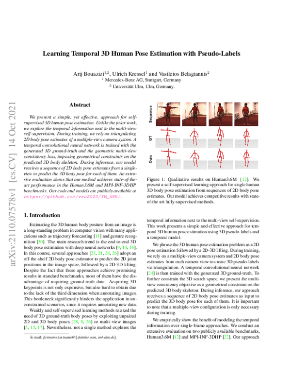 (PDF) Learning Temporal 3D Human Pose Estimation with Pseudo-Labels