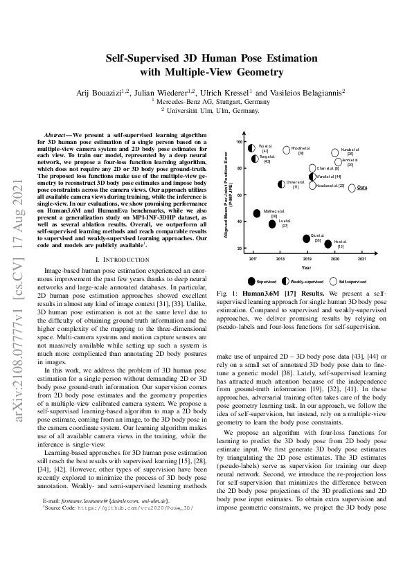 (PDF) Self-Supervised 3D Human Pose Estimation with Multiple-View Geometry