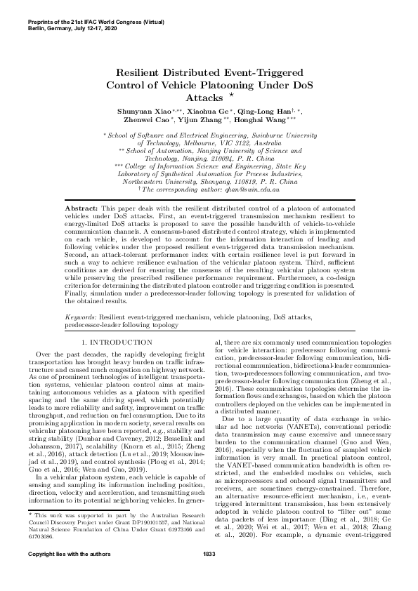 (PDF) Resilient Distributed Event-Triggered Control of Vehicle Platooning Under DoS Attacks