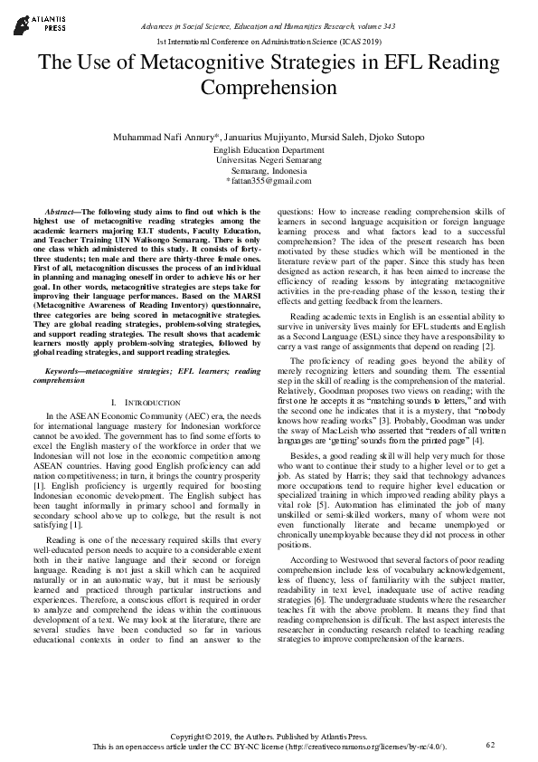 (PDF) The Use of Metacognitive Strategies in EFL Reading Comprehension