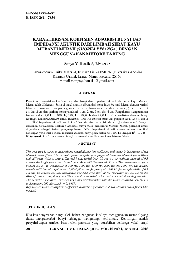(PDF) Karakterisasi Koefisien Absorbsi Bunyi Dan Impedansi Akustik Dari Limbah Serat Kayu ...