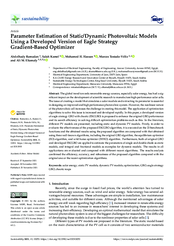Pdf Parameter Estimation Of Staticdynamic Photovoltaic Models Using A Developed Version Of