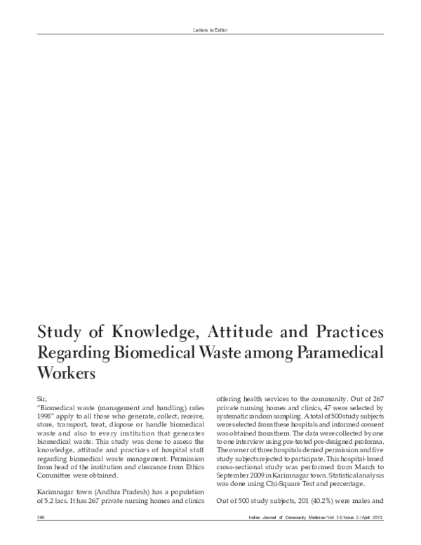 (PDF) Study of knowledge, attitude and practices regarding biomedical waste among paramedical ...