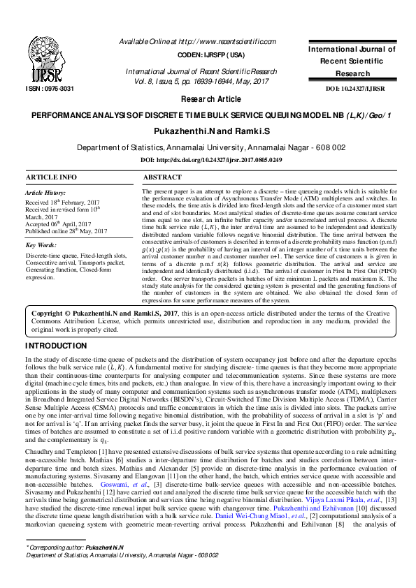 (PDF) Performance analysis of discrete time bulk service queuing model nb (l,k)/geo/1