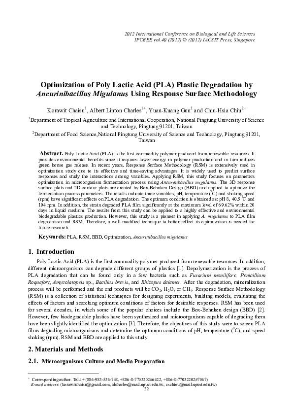 (PDF) Optimization of Poly Lactic Acid ( PLA ) Plastic Degradation by Aneurinibacillus Migulanus ...