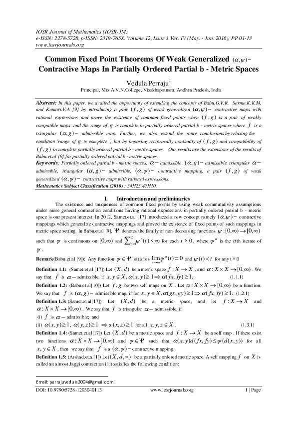Pdf Common Fixed Point Theorems Of Weak Generalized Contractive Maps In Partially