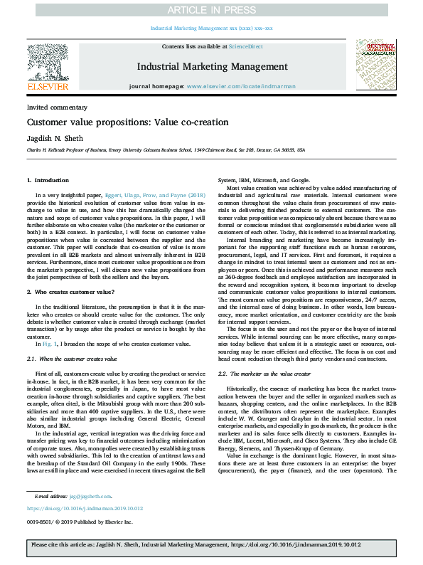 (PDF) Customer Value Propositions: Value Co-Creation