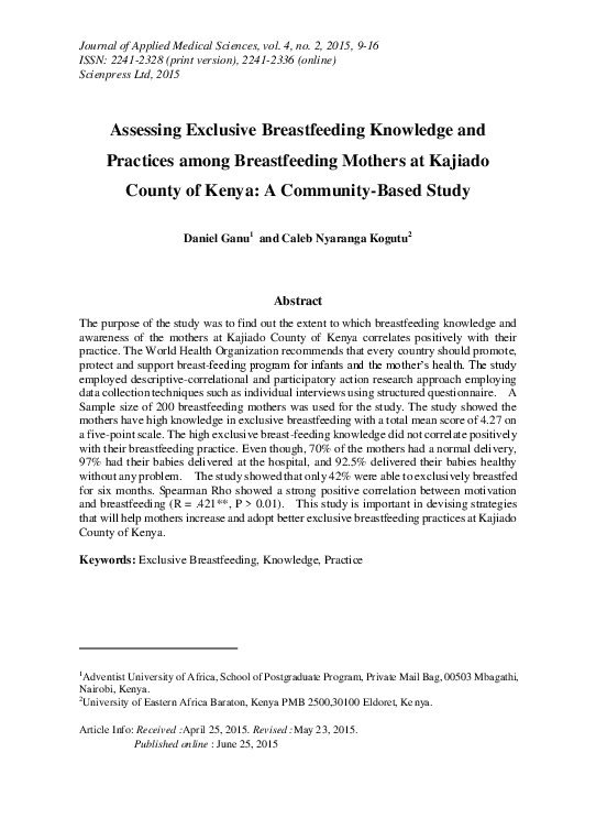 Pdf Assessing Exclusive Breastfeeding Knowledge And Practices Among