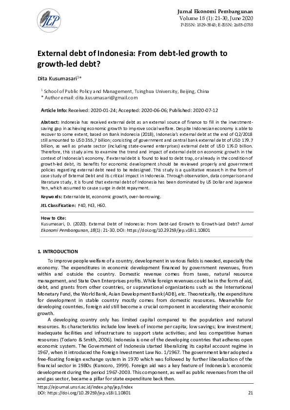 (PDF) External debt of Indonesia: From debt-led growth to growth-led debt?