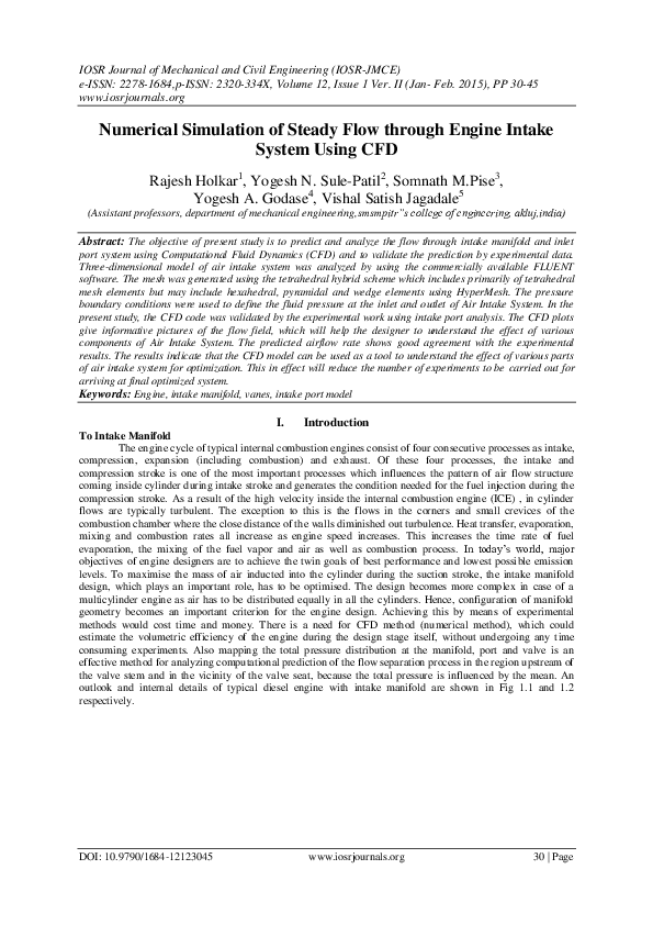 (PDF) Numerical Simulation of Steady Flow through Engine Intake System Using CFD