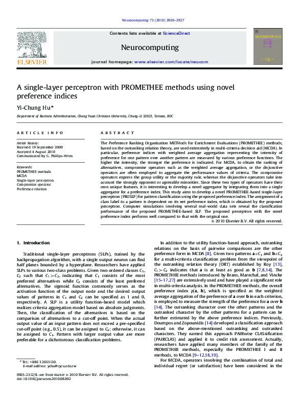 (PDF) A single-layer perceptron with PROMETHEE methods using novel ...